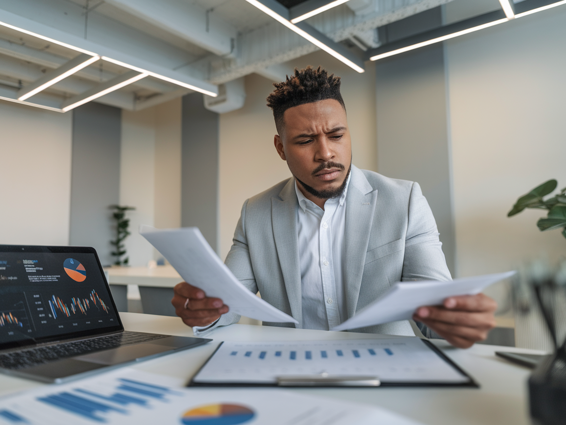 A black business executive analyzing financial documents